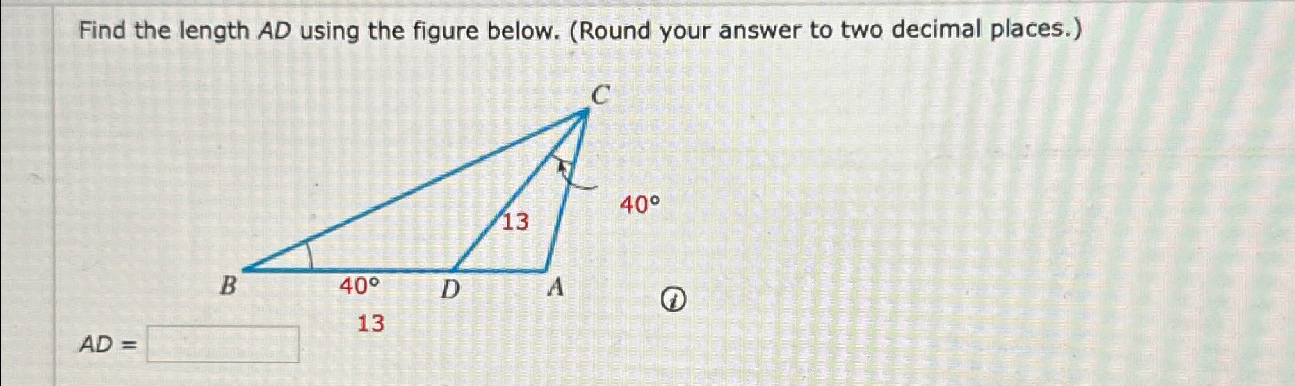 Solved Find the length AD ﻿using the figure below. (Round | Chegg.com
