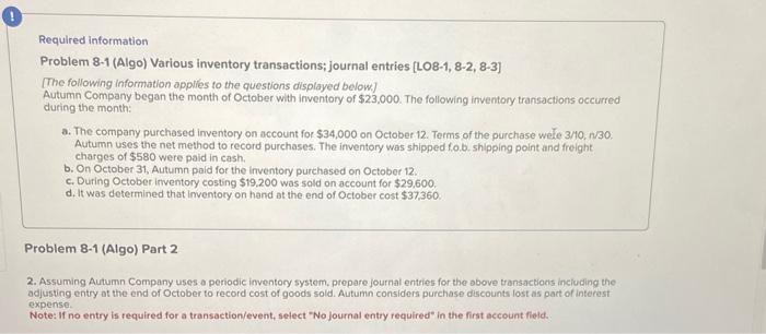 Solved Required information Problem 8-1 (Algo) Various | Chegg.com