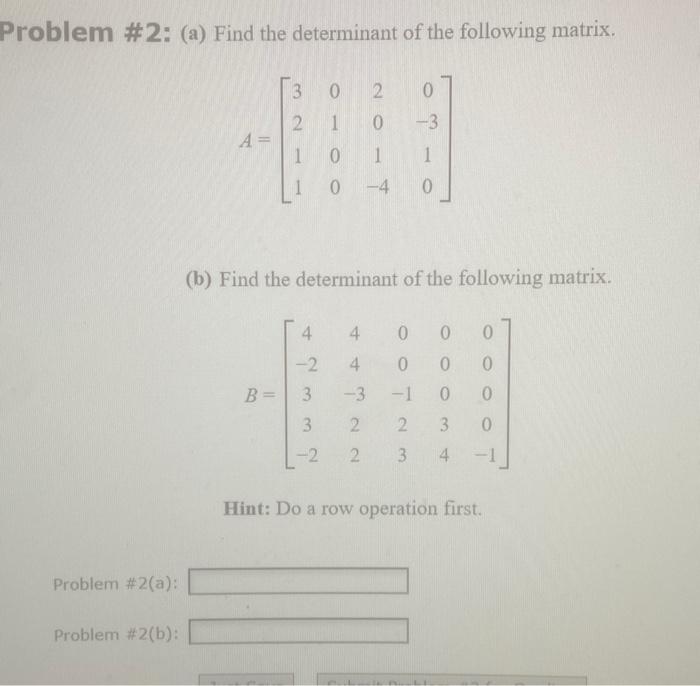 Solved Troblem #2: (a) Find the determinant of the following | Chegg.com