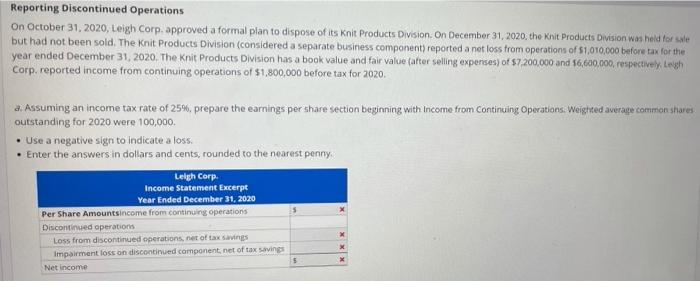 Solved Reporting Discontinued Operations On October 31, | Chegg.com