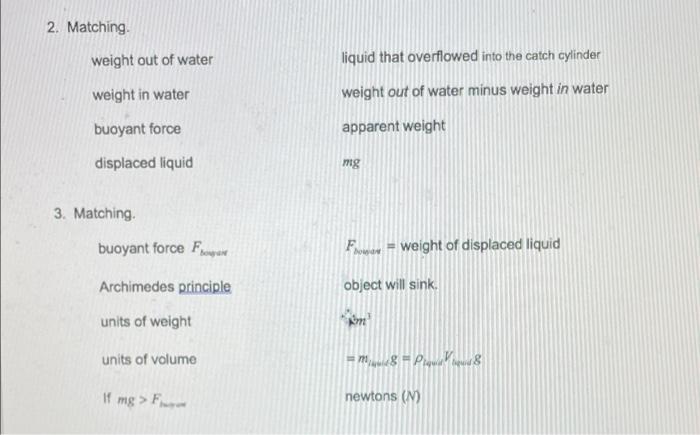 Solved 2. Matching weight out of water weight in water | Chegg.com