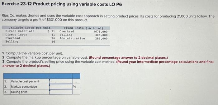 Solved Exercise 23-12 Product pricing using variable costs | Chegg.com
