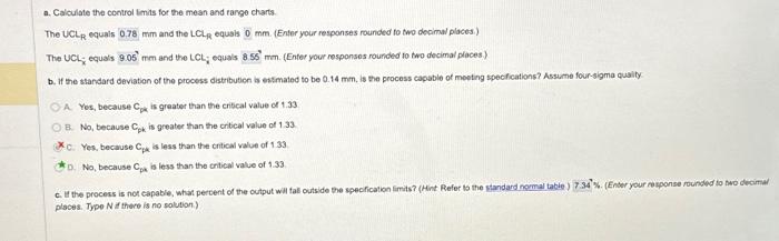 a. Calculate the control limits for the mesn and | Chegg.com