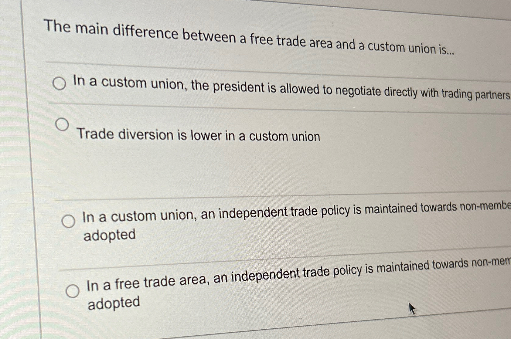 Solved The main difference between a free trade area and a | Chegg.com