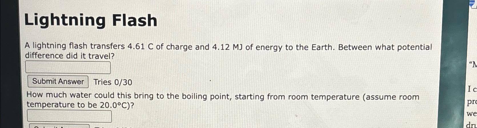 Solved Lightning FlashA lightning flash transfers 4.61C ﻿of | Chegg.com