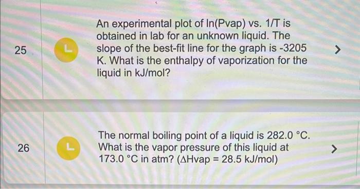 Solved An experimental plot of In(Pvap) vs. 1/T is obtained | Chegg.com