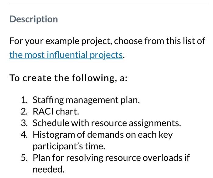 Solved Description For your example project, choose from | Chegg.com