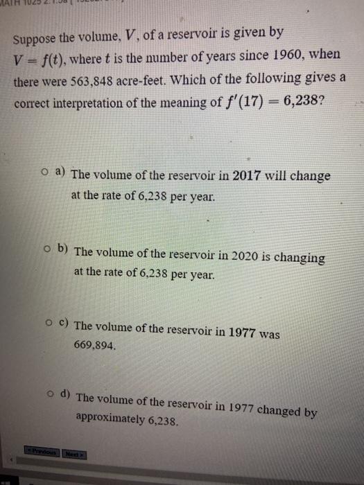 Solved Suppose the volume, V, of a reservoir is given by V | Chegg.com