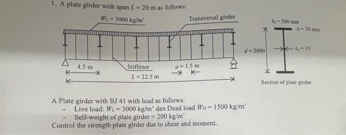 Solved 1. A plate girder with span L = 20 m as follows: WL | Chegg.com