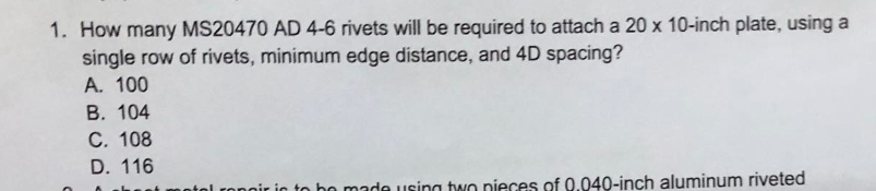 Solved How many MS20470 ﻿AD 4-6 ﻿rivets will be required to | Chegg.com
