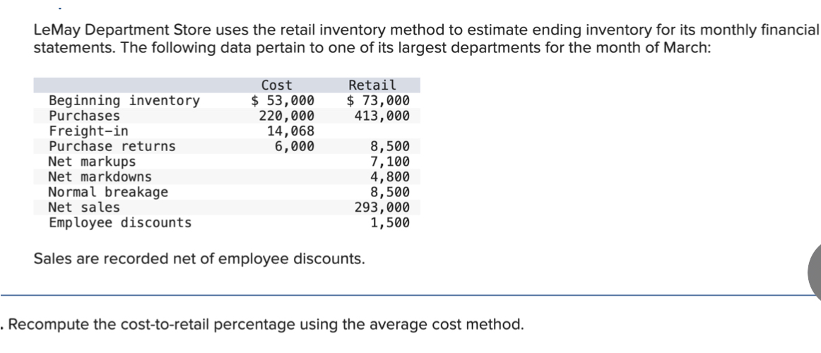 Solved LeMay Department Store uses the retail inventory | Chegg.com