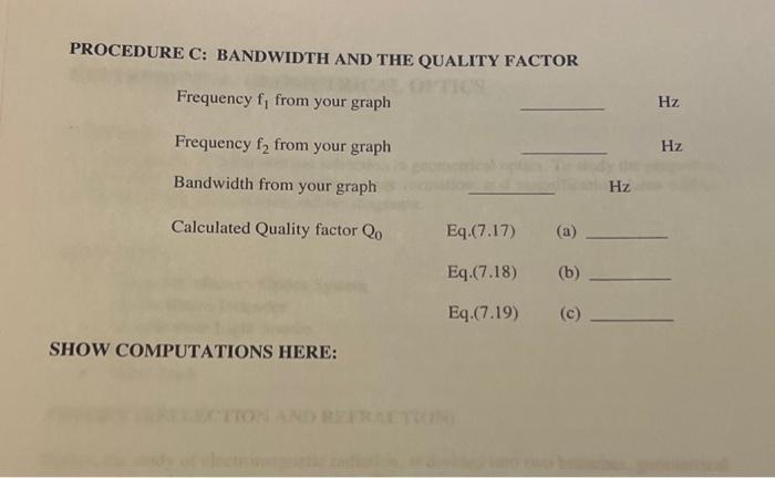 PROCEDURE B: RESONANCE RESONANCE FREQUENCY ± f. f.- | Chegg.com