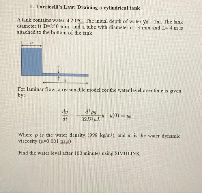 Solved A tank contains water at 20∘C. The initial depth of | Chegg.com