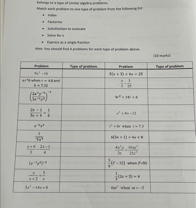 Solved belongs to a type of similar algebra problems. Match | Chegg.com
