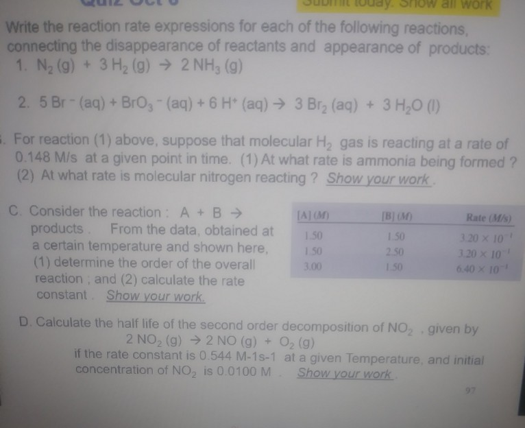 Solved How all work Write the reaction rate expressions for | Chegg.com