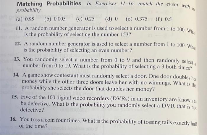 Solved Matching Probabilities In Exercises 11-16, match the | Chegg.com
