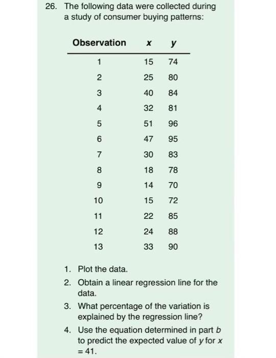 Solved 26. The following data were collected during a study | Chegg.com