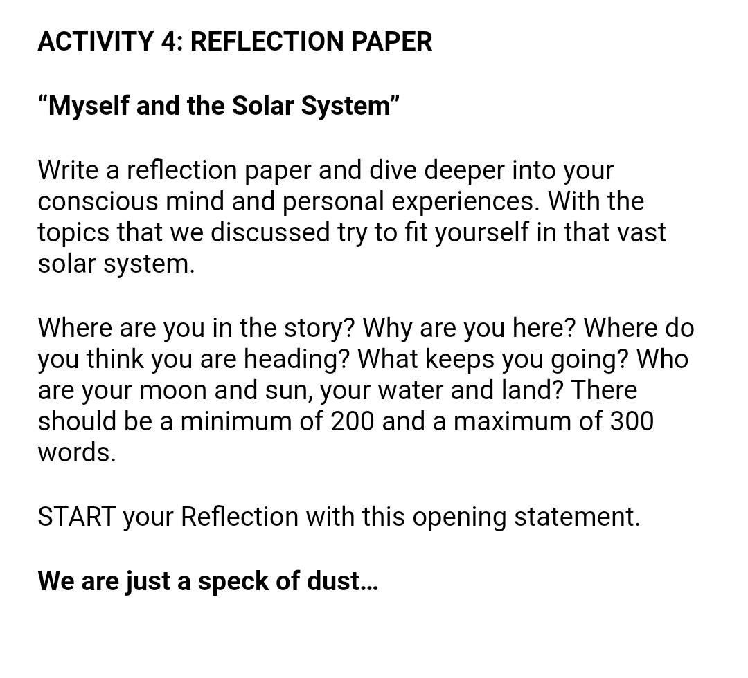Solved ACTIVITY 4: REFLECTION PAPER "Myself and the Solar | Chegg.com