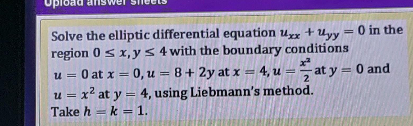 Solved pload Solve the elliptic differential equation Uxx + | Chegg.com
