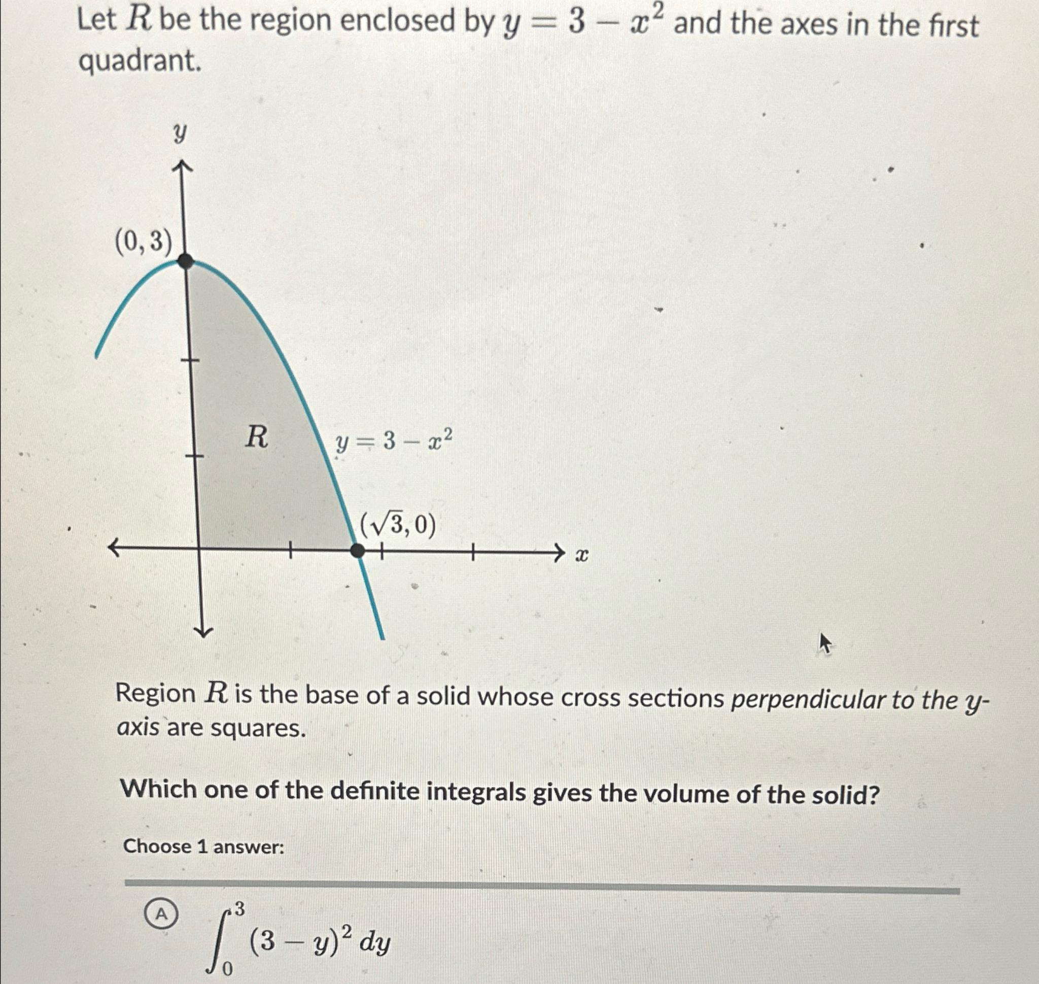 Solved Let R ﻿be the region enclosed by y=3-x2 ﻿and the axes | Chegg.com
