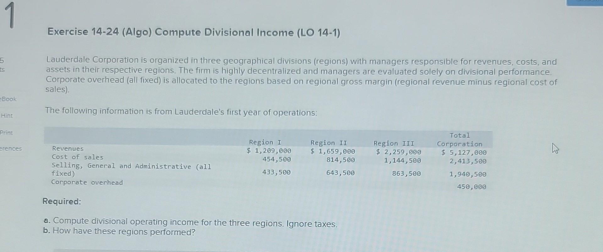 Solved Exercise 14-24 (Algo) Compute Divisional Income (LO | Chegg.com