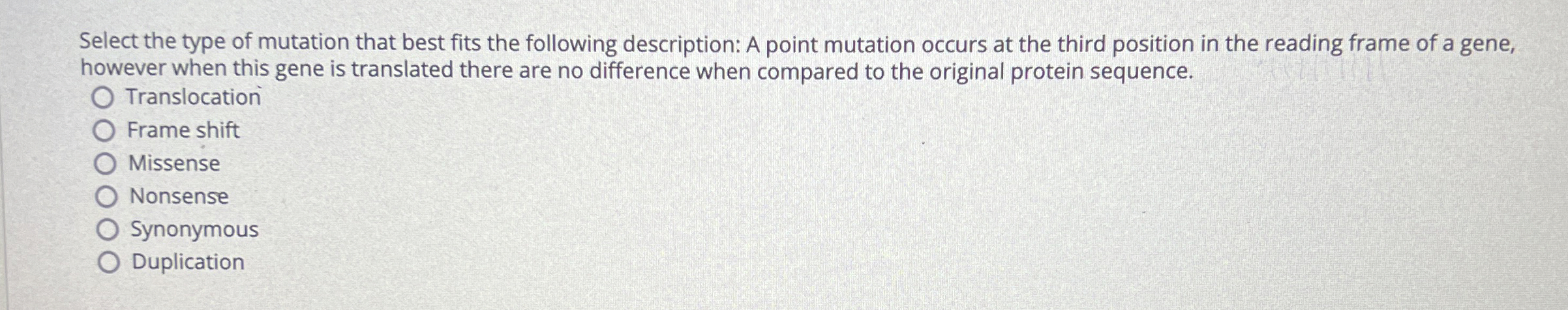 Solved Select the type of mutation that best fits the | Chegg.com