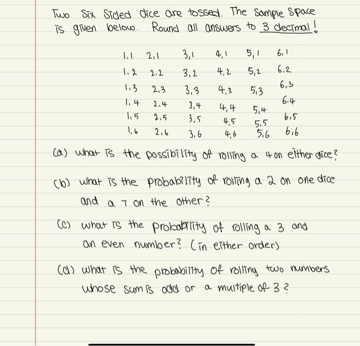 Solved Two Six Sidled dice are tossed. The sample space is | Chegg.com