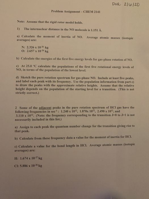 Solved Due 216/20 Problem Assignment - CHEM 2141 Note: | Chegg.com