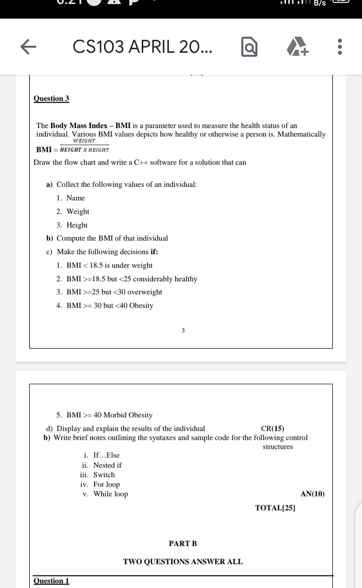 Solved B/S CS103 APRIL 20... Question 3 The Body Mass Index | Chegg.com