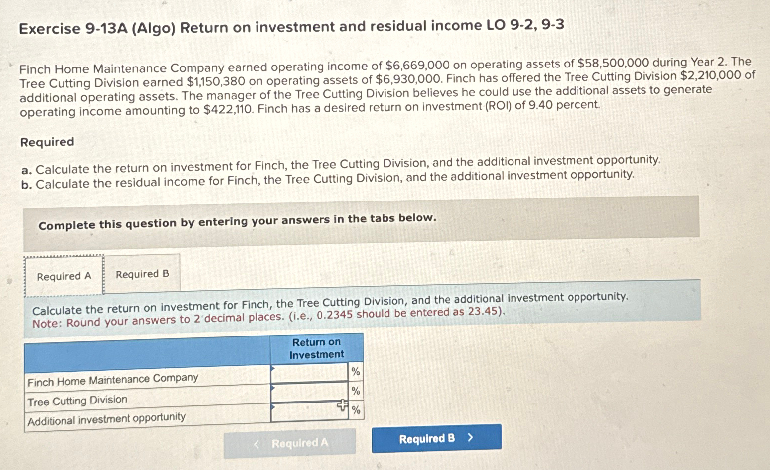 Solved Exercise 9-13A (Algo) ﻿Return on investment and | Chegg.com