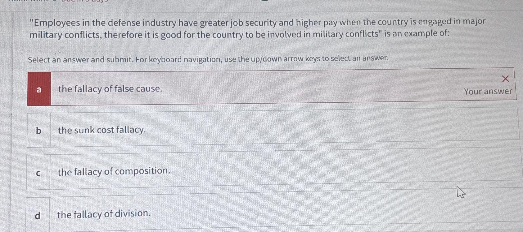 Solved "Employees in the defense industry have greater job | Chegg.com
