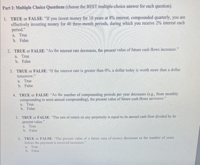 Solved Part I: Multiple Choice Questions (choose the BEST | Chegg.com