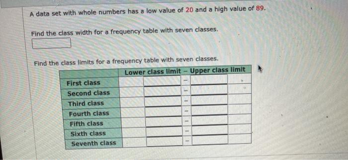 Solved A data set with whole numbers has a low value of 20 | Chegg.com