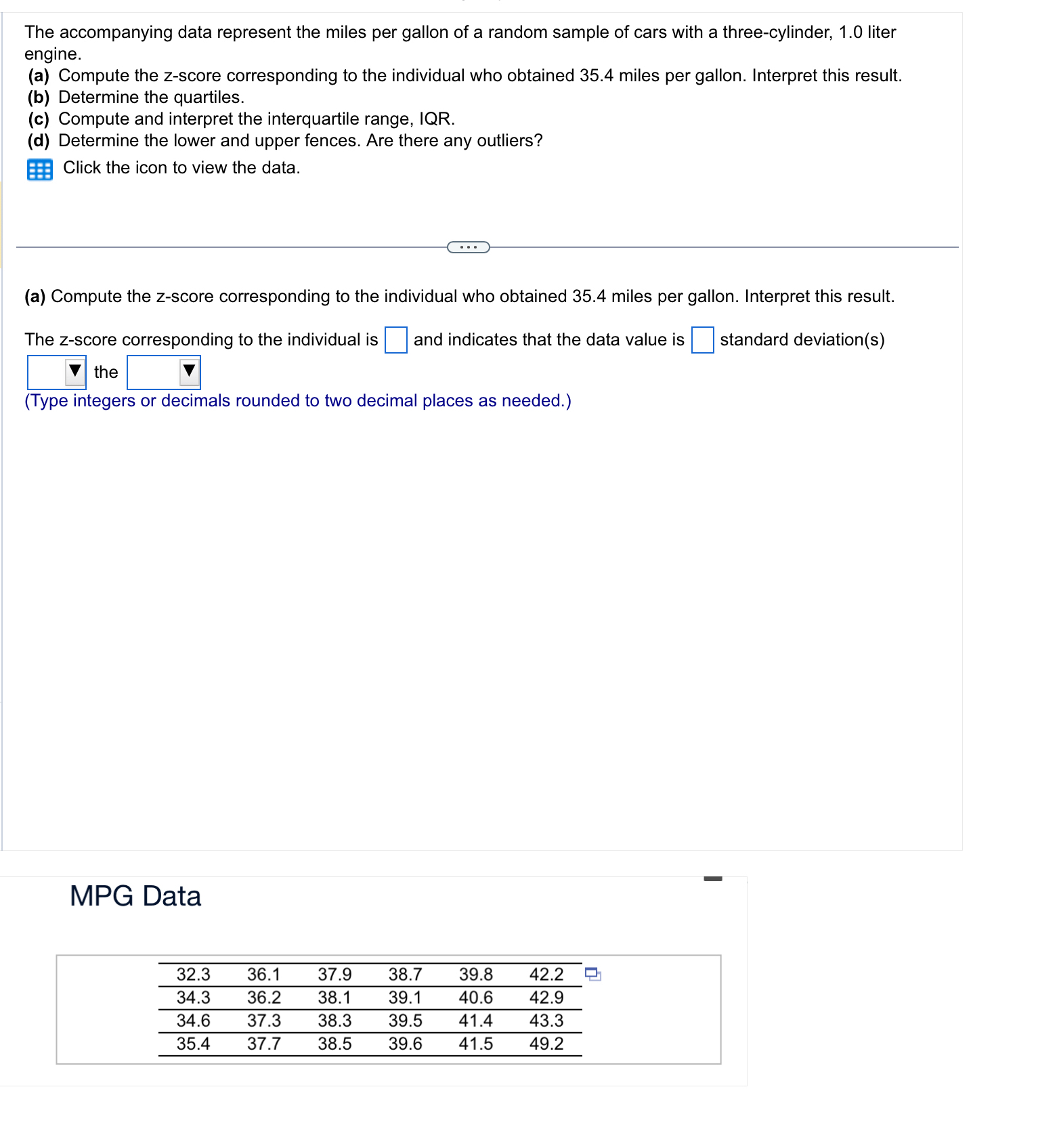 Solved The accompanying data represent the miles per gallon | Chegg.com