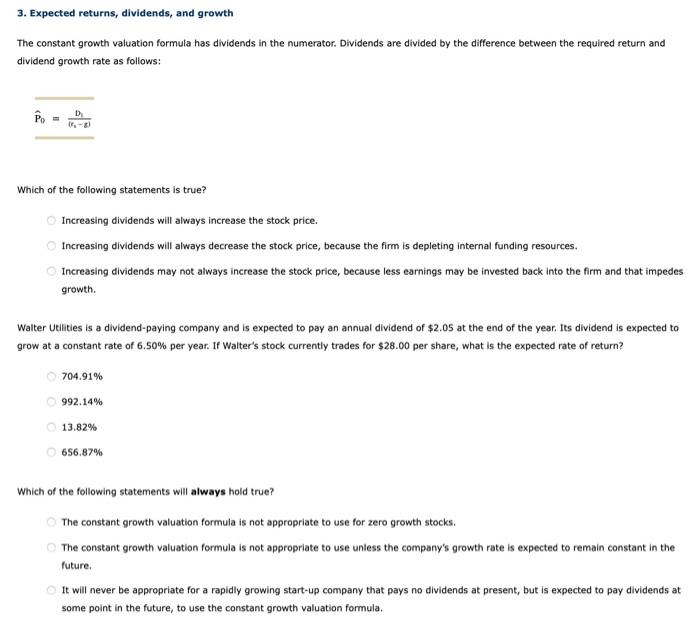 Solved 3. Expected returns, dividends, and growth The | Chegg.com