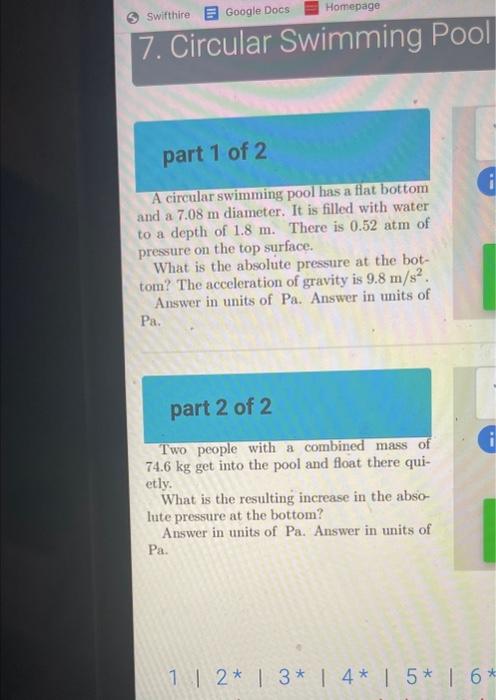 Solved part 1 of 2 A circular swimming pool has a flat | Chegg.com