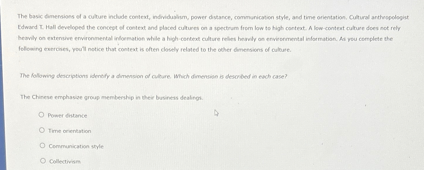 Solved The basic dimensions of a culture include context, | Chegg.com