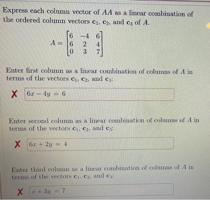 Solved Express each column vector of AA as a linear | Chegg.com