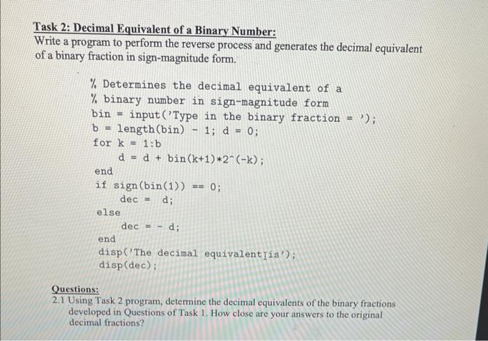 Solved sk 2: Decimal Equivalent of a Binary Number: rite a | Chegg.com