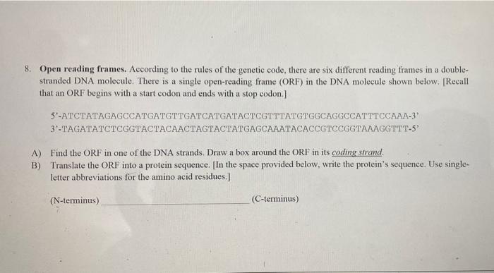 Solved 8. Open reading frames. According to the rules of the | Chegg.com