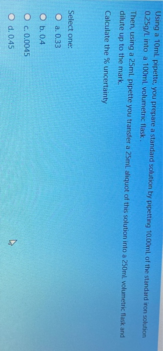 Solved Using a 10mL pipette, you prepare a standard solution | Chegg.com