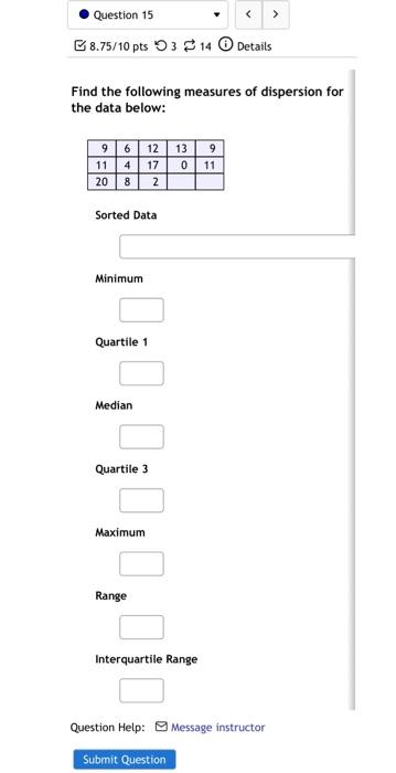 Solved Find the following measures of dispersion for the | Chegg.com