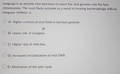 Solved Integrase is an enzyme that functions to insert the | Chegg.com