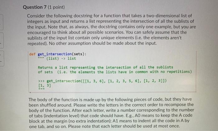 Solved Question 7 (1 point) Consider the following docstring | Chegg.com