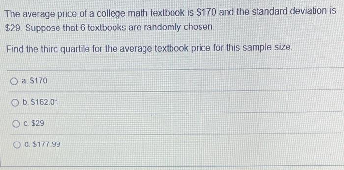 Solved The average price of a college math textbook is $170 | Chegg.com