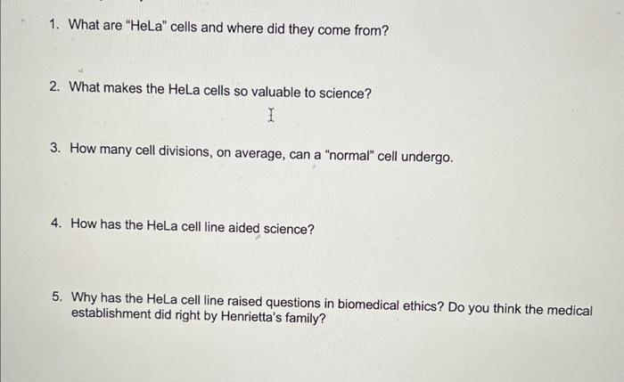 Solved 1. What are "HeLa" cells and where did they come | Chegg.com