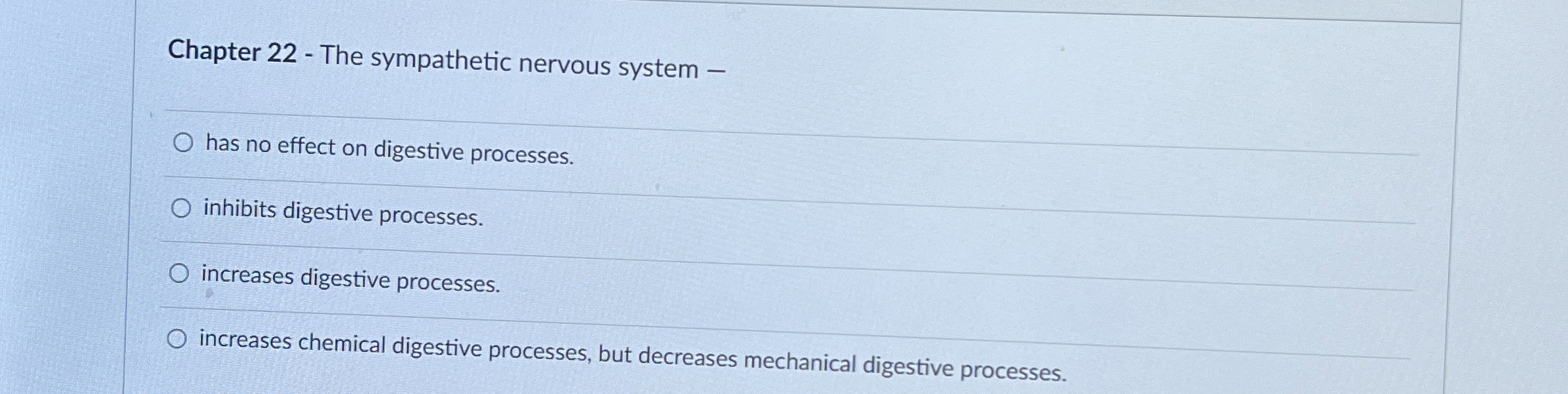 Solved Chapter 22 - ﻿The sympathetic nervous system -has no | Chegg.com