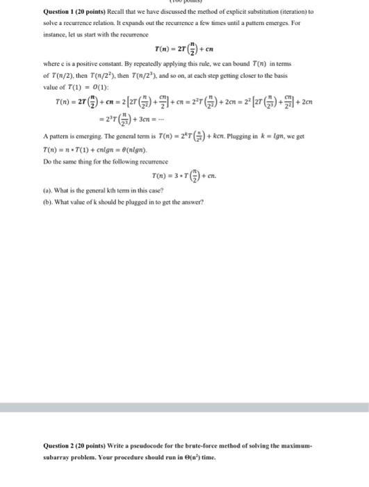 Solved Question 1 (20 points) Recall that we have discussed | Chegg.com