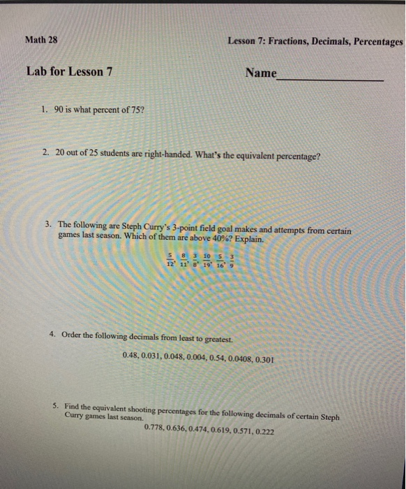 Solved Math 28 Lesson 7: Fractions, Decimals, Percentages | Chegg.com