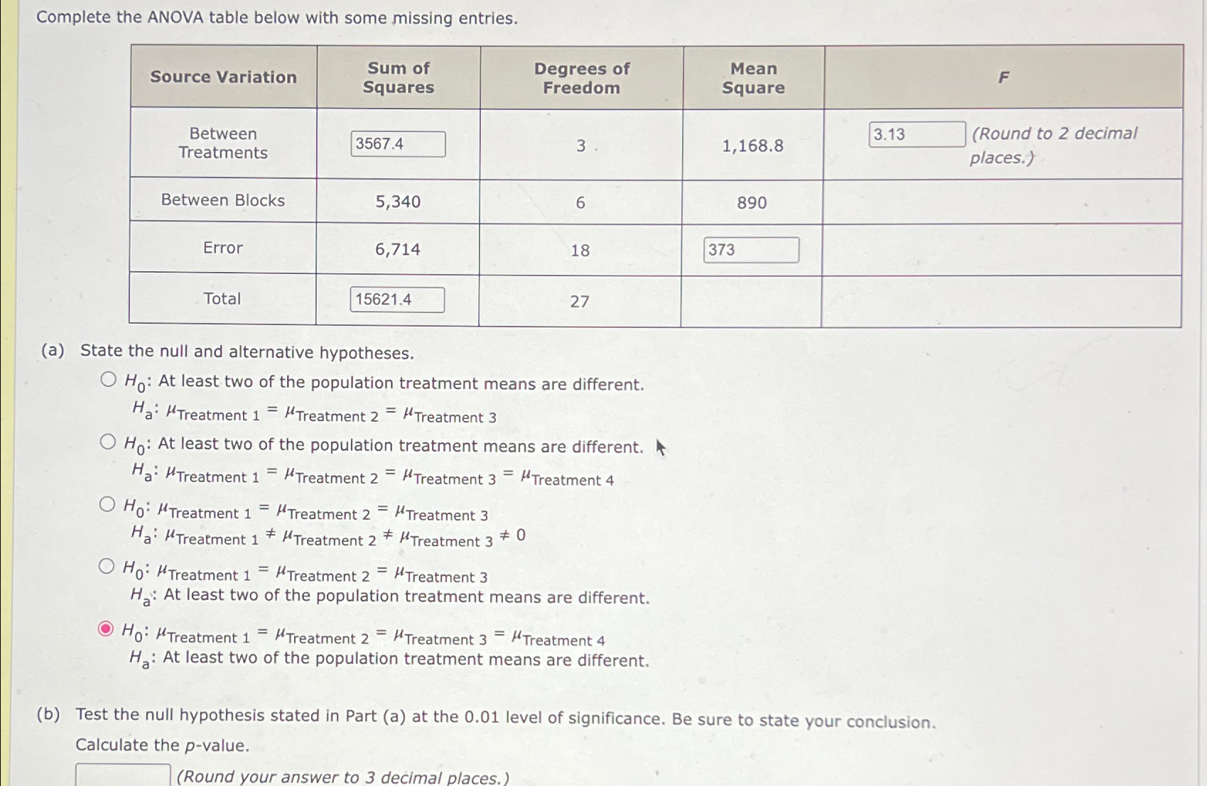 Solved Complete the ANOVA table below with some missing | Chegg.com